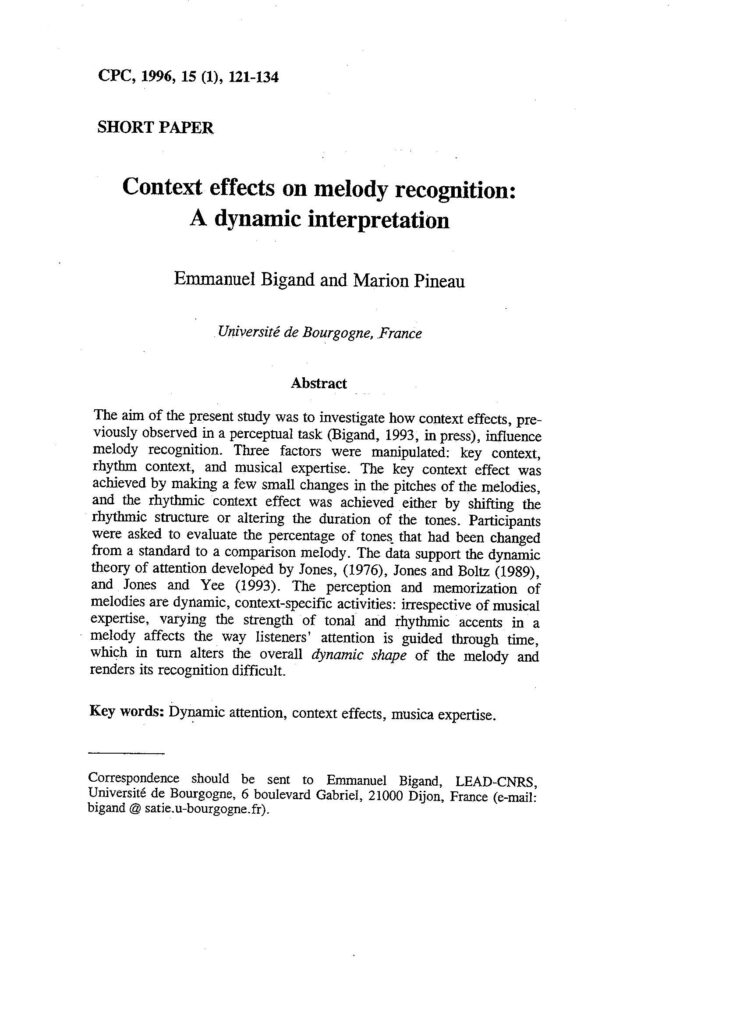 Context effects on melody recognition: A dynamic interpretation - LEAD - Laboratoire d'Étude de ...