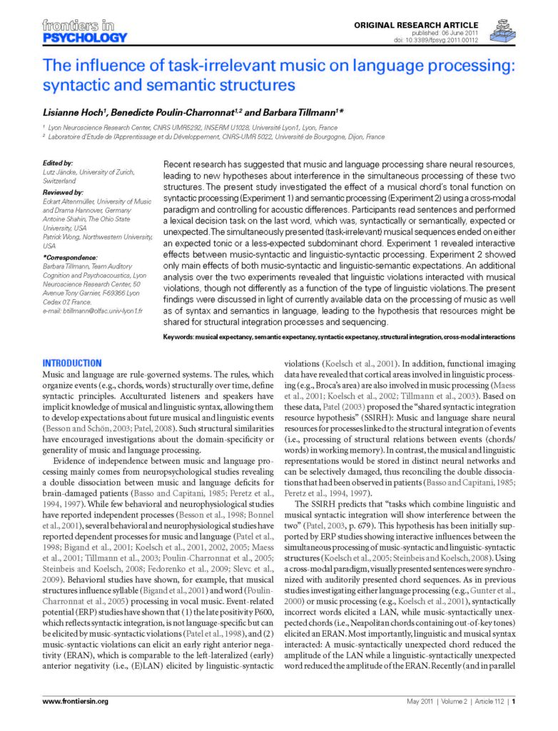 The influence of task-irrelevant music on language processing: Syntactic and semantic structures ...