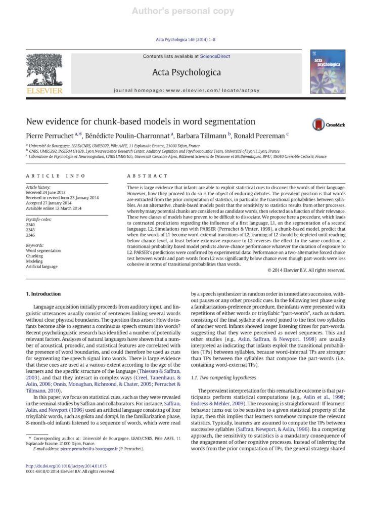 New evidence for chunk-based models in word segmentation - LEAD - Laboratoire d'Étude de l ...