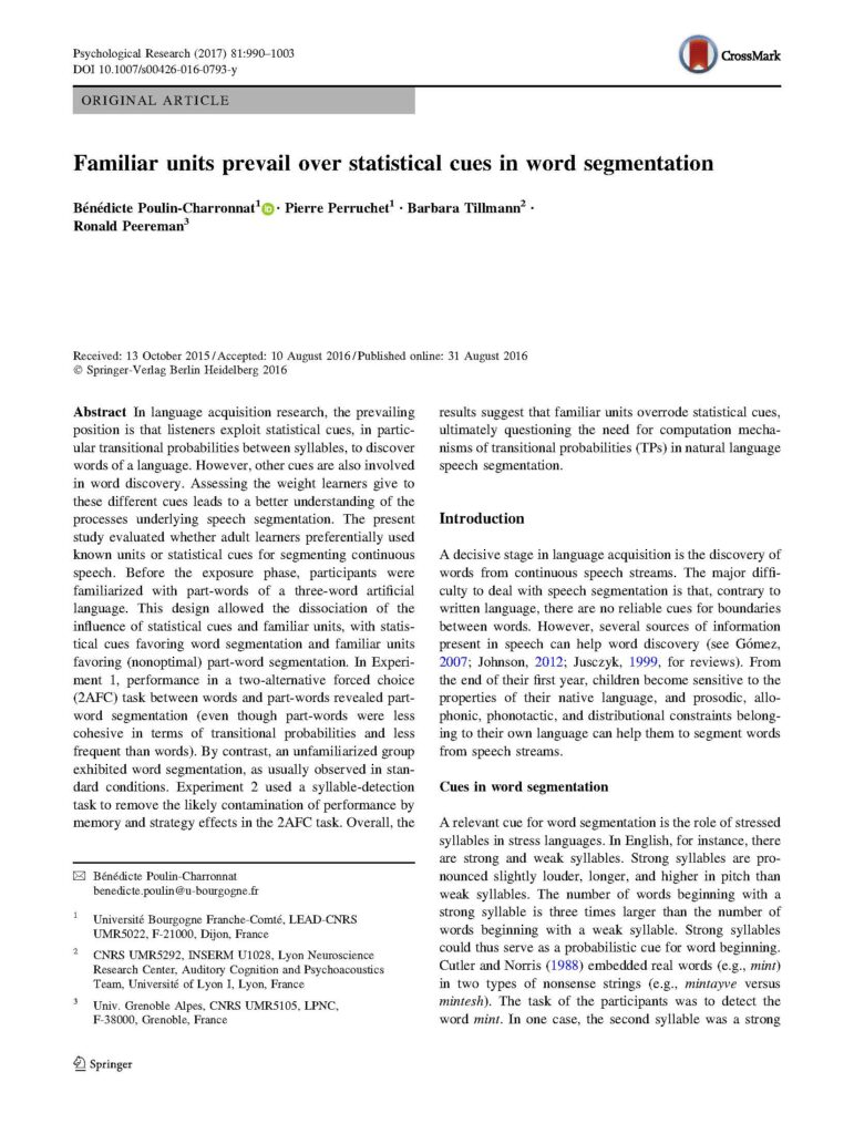 Familiar units prevail over statistical cues in word segmentation ...