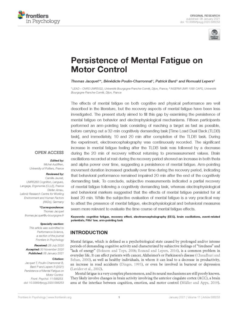 Persistence of mental fatigue on motor control - LEAD - Laboratoire d ...