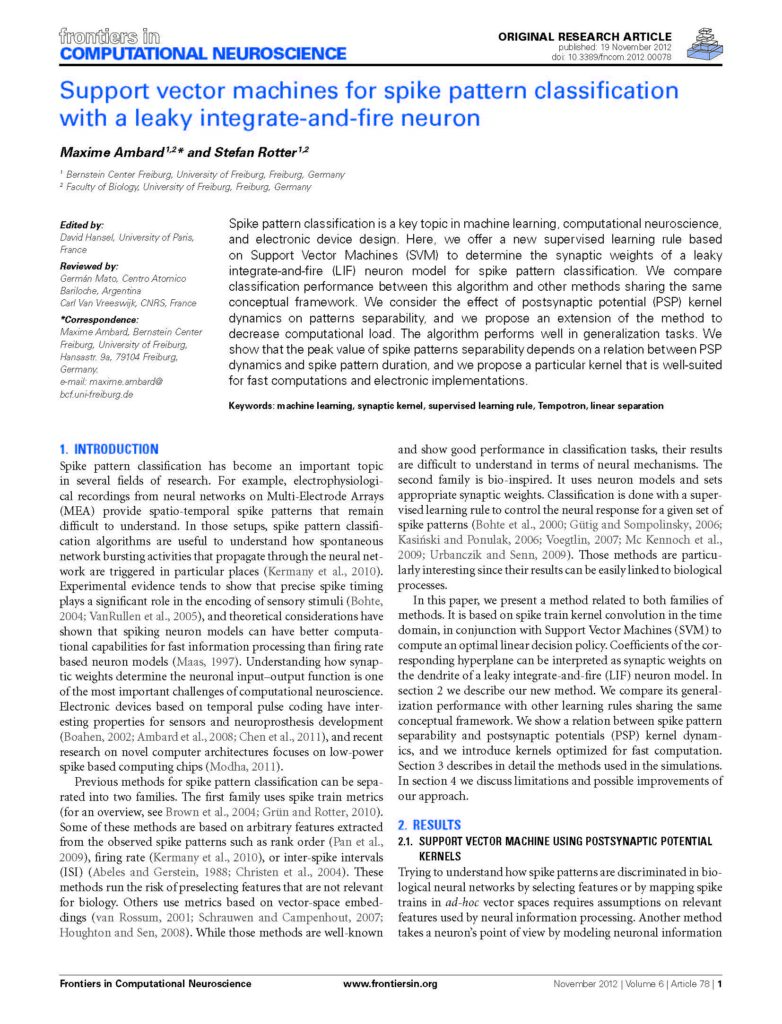 Support vector machines for spike pattern classification with a leaky integrate-and-fire neuron ...