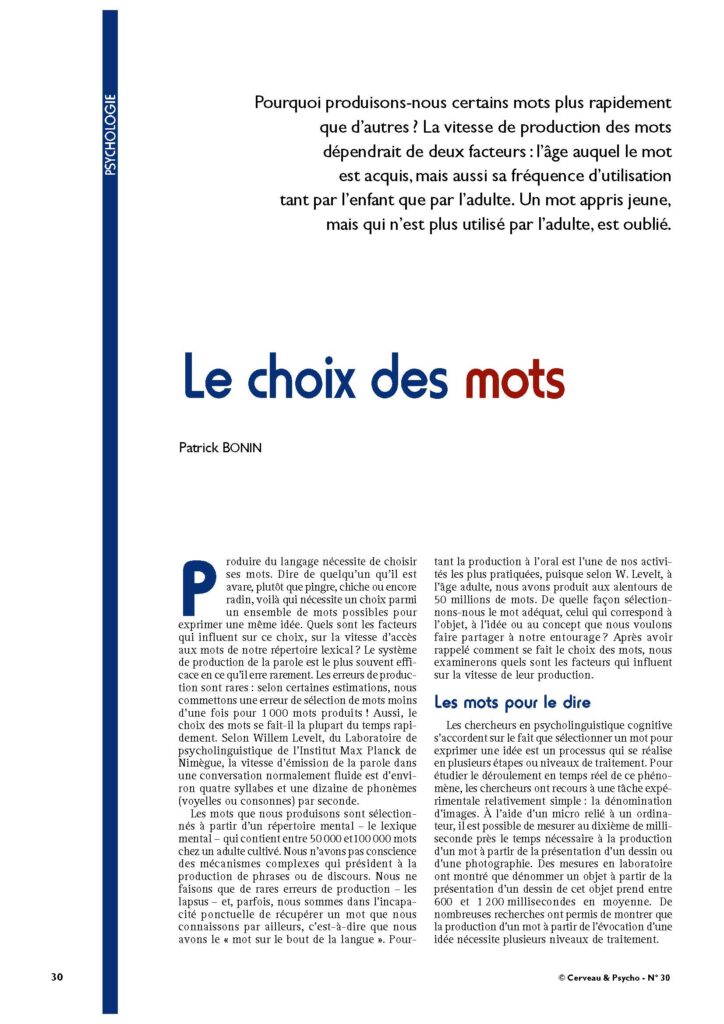Le choix des mots - LEAD - Laboratoire d'Étude de l'Apprentissage et du ...