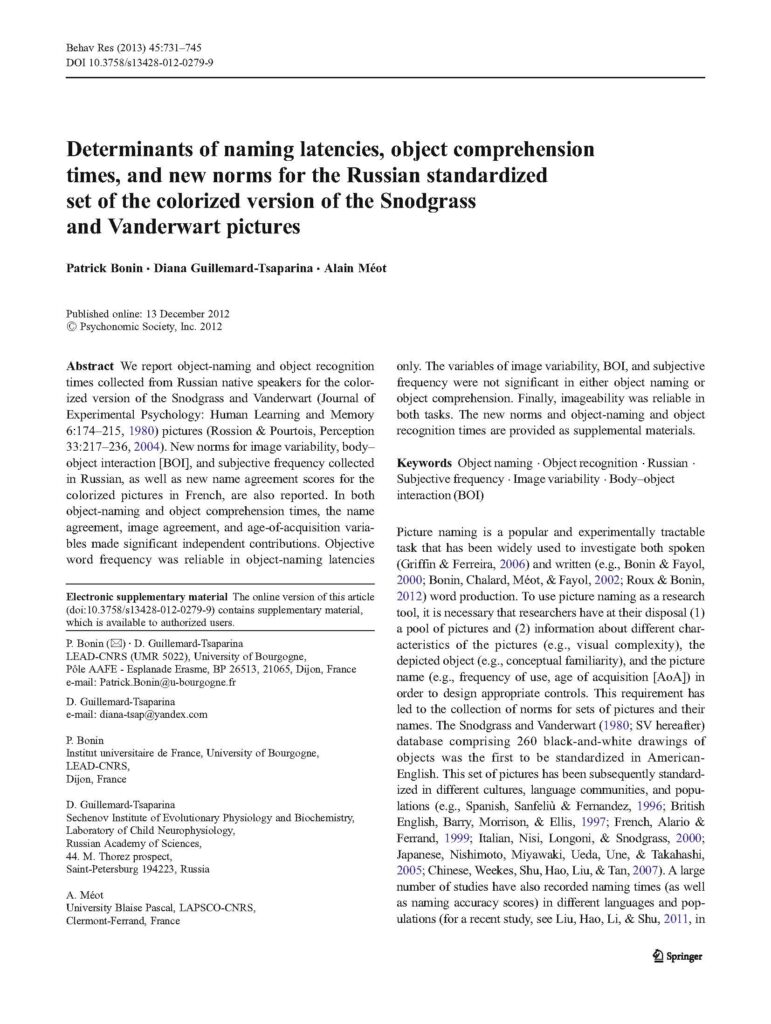 Determinants of naming latencies, object comprehension times and new ...