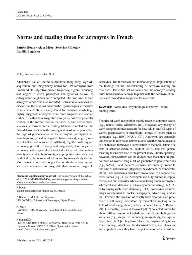 Norms and reading times for acronyms in French - LEAD - Laboratoire d ...