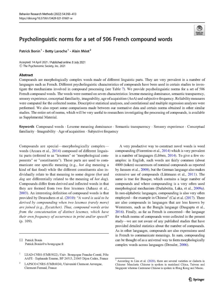 Psycholinguistic norms for a set of 506 French compound words - LEAD ...