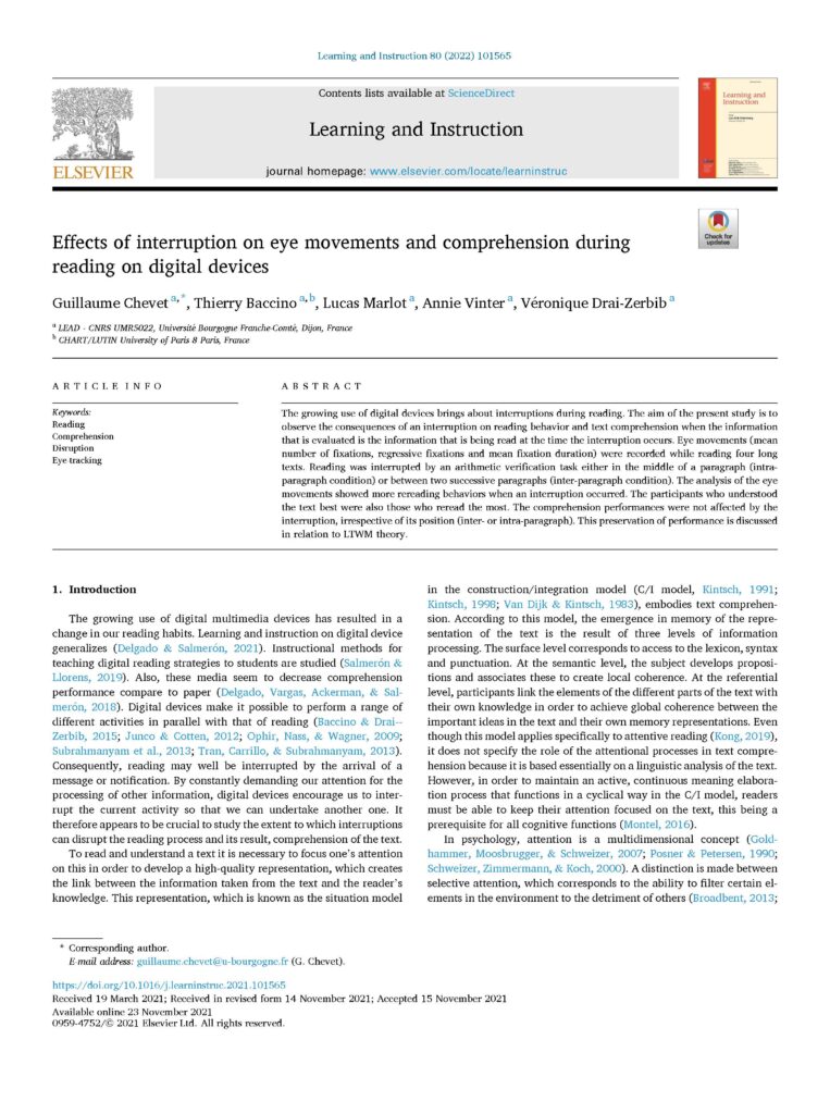 Effects of interruption of eye movements and comprehension during ...