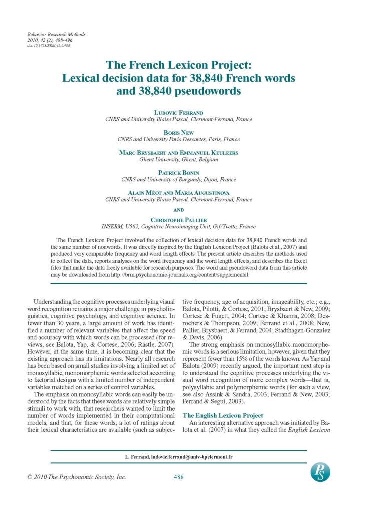 The French Lexicon Project: Lexical decision data for 38,840 French words and 38,840 pseudowords ...