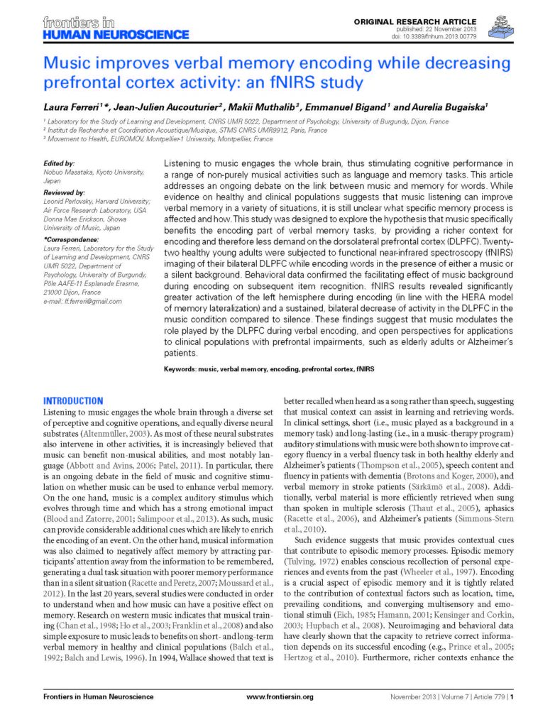 Music improves verbal memory encoding while decreasing prefrontal ...