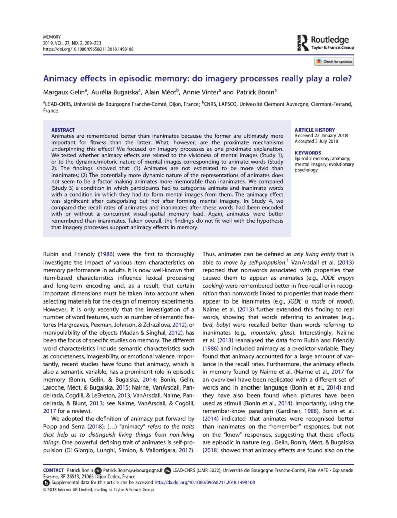 Animacy effects in episodic memory: Do imagery processes really play a role? - LEAD ...
