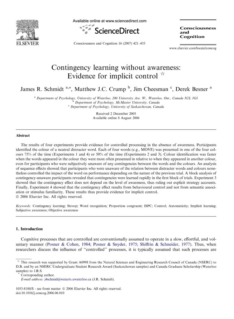 Contingency learning without awareness: Evidence for implicit control ...
