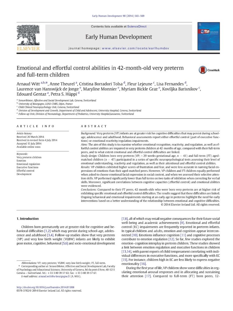 Emotional and effortful control abilities in 42-month-old very preterm ...