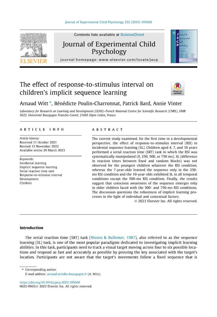 The effect of response-to-stimulus interval on children’s implicit sequence learning - LEAD ...
