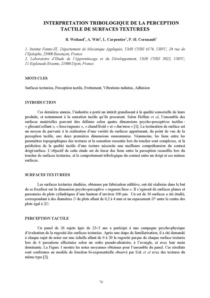 Interprétation tribologique de la perception tactile de surfaces texturées - LEAD - Laboratoire ...